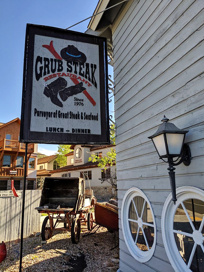 Step into a time machine disguised as a steakhouse! Grub Steak's rustic exterior promises a journey back to the Wild West, with a side of modern culinary magic.