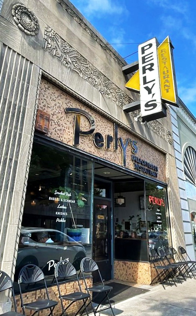 Perly's vintage storefront promises time travel via sandwich &ndash; the yellow sign beckons like a delicious lighthouse for the famished and fancy-free.