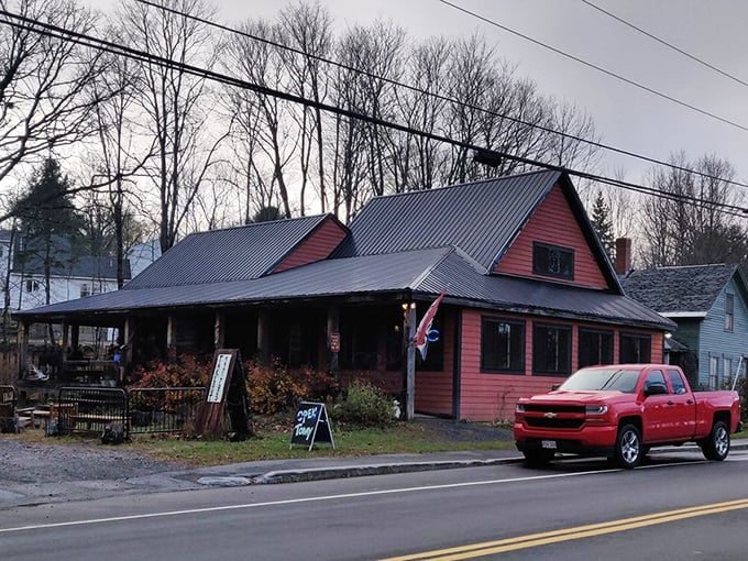 A rustic red beacon of barbecue bliss, this charming eatery looks like it was plucked straight from a Norman Rockwell painting.