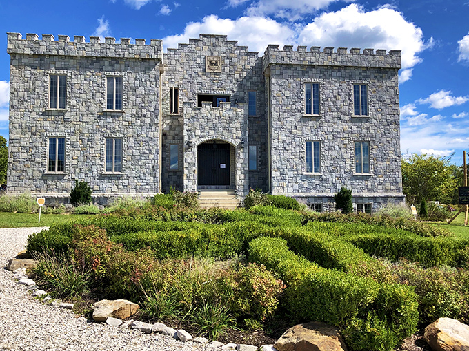 A castle in Indiana? You're not in Kansas anymore, Dorothy! This stone fortress looks ready to withstand sieges or, more likely, eager tourists armed with selfie sticks.