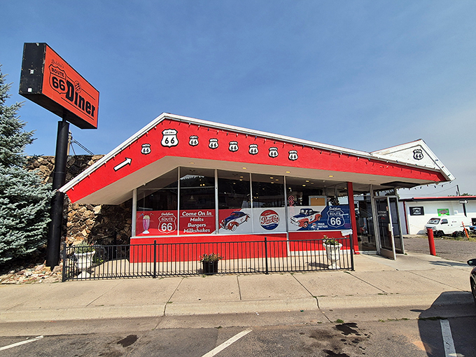 A slice of Americana, served with a side of nostalgia! Goldies Route 66 Diner stands proud, its red exterior as inviting as a warm cherry pie on a windowsill.