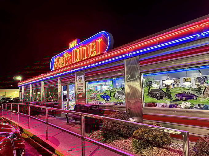 Step into a time machine disguised as a diner! Mel's gleaming exterior promises a journey back to the days when milkshakes ruled and jukeboxes rocked.