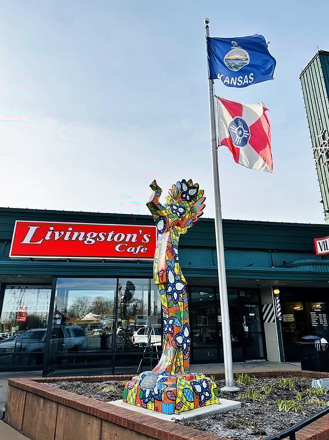 Welcome to flavor town! Livingston's Cafe's vibrant exterior promises a feast for both eyes and taste buds. That colorful sculpture? Just a hint of the creativity inside.