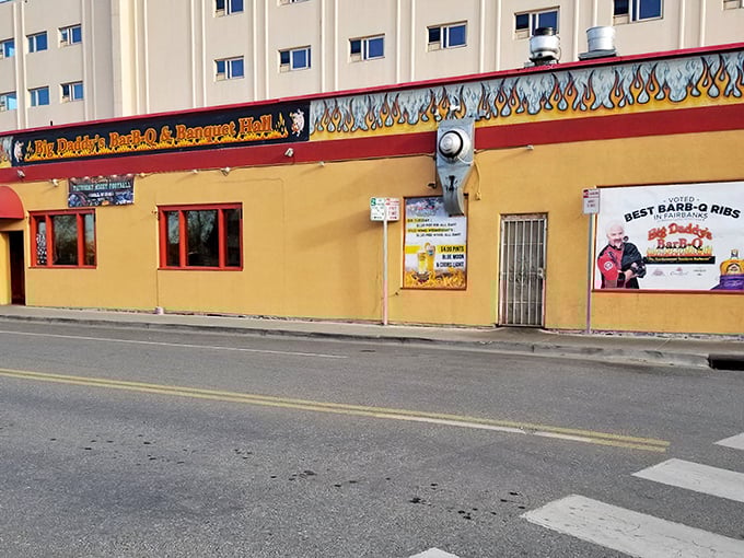 Flame on! This sunny yellow exterior isn't just eye-catching&mdash;it's a beacon of BBQ bliss in the heart of Fairbanks. Talk about heating things up in the Last Frontier!