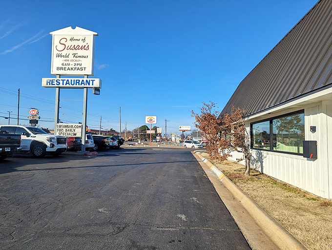 Welcome to Susan's, where the sign promises "World Famous" breakfast and the parking lot hints at local legend status.
