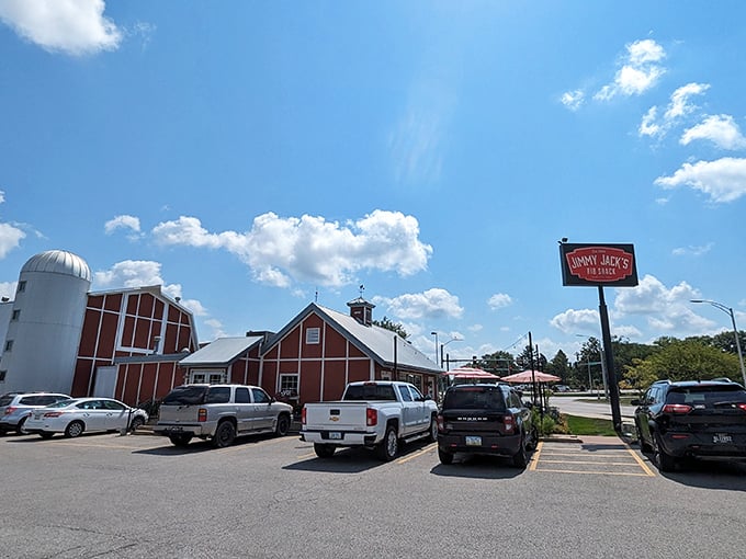 Welcome to barbecue paradise! Jimmy Jack's Rib Shack stands proud against the Iowa sky, promising smoky delights that'll make your taste buds do a happy dance.