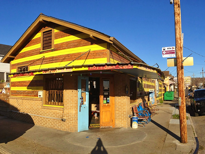 Welcome to barbecue paradise! The Joint's exterior is a vibrant yellow-and-brown beacon, beckoning meat lovers like a siren's call to hungry sailors.