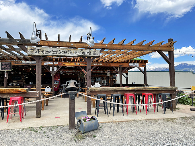 Welcome to barbecue heaven! Follow Yer' Nose BBQ's rustic exterior promises smoky delights that'll make your taste buds do a happy dance.