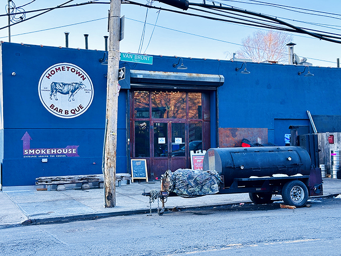 Welcome to barbecue nirvana! Hometown Bar-B-Que's blue exterior promises smoky delights that'll make your taste buds do a happy dance.