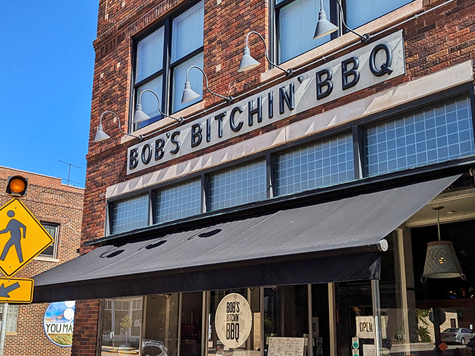 Brick and mortar never looked so delicious! Bob's Bitchin' BBQ beckons with its bold signage, promising a smoky adventure for your taste buds.