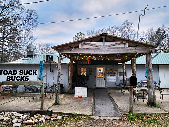 Welcome to Toad Suck Bucks, where the name's as quirky as the charm! This rustic gem looks like it jumped straight out of a country song.