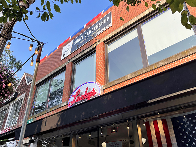 Step into a time machine disguised as a diner! Lucky's exterior promises a journey back to the golden age of burgers and shakes.