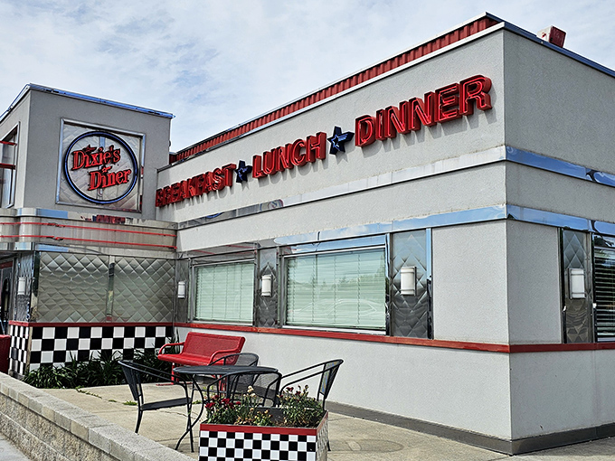 Step into a time machine disguised as a diner! This retro facade promises a journey back to the fabulous fifties, complete with chrome, neon, and nostalgia.