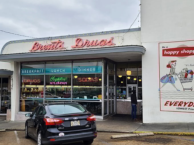 Step into a time machine disguised as a diner! Brent's Drugs' retro facade promises a journey back to the days when soda jerks ruled and calories didn't count.