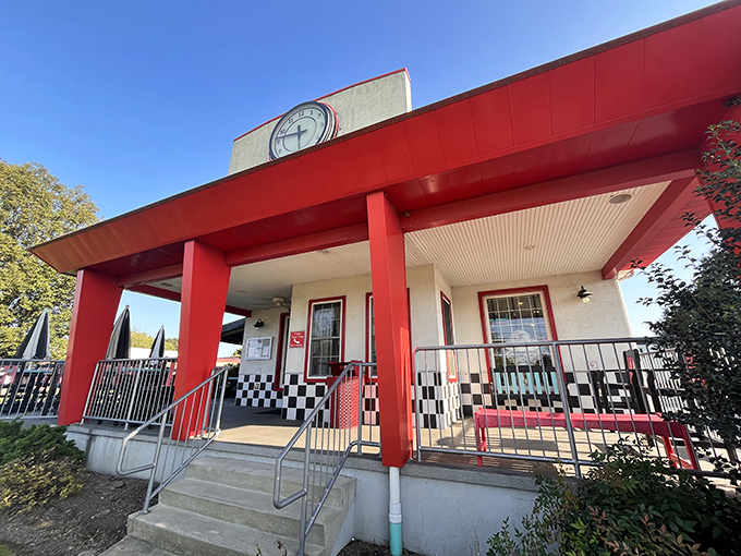 Welcome to the land that time forgot&mdash;and taste buds remember! DJ's exterior is like a portal to the 1950s, complete with cherry-red awning and checkered charm.