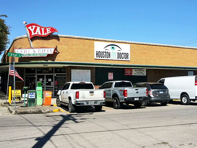 Step back in time! Yale Street Grill's exterior is a charming blend of retro Americana and Houston heart, complete with a waving flag that screams "Come on in, y'all!"