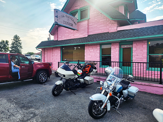 A pink palace of nostalgia! This diner doesn't just serve food; it dishes out a heaping helping of 1950s Americana with every meal.