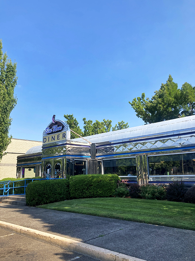 Step into a time machine disguised as a diner! The Blue Moon's gleaming exterior promises a journey back to the golden age of American cuisine.