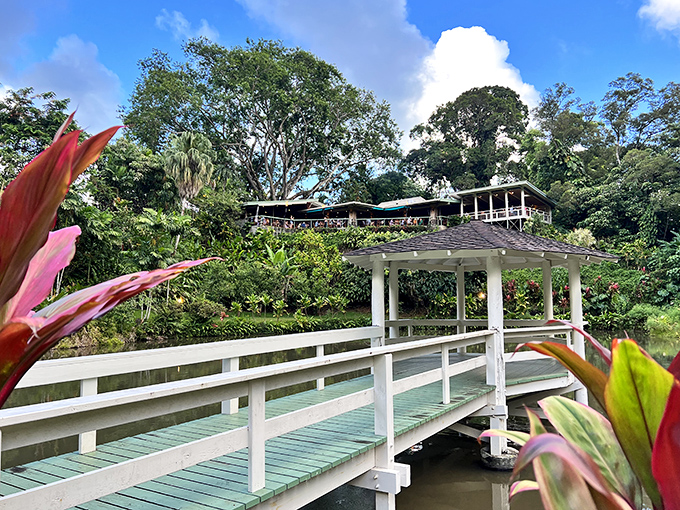Crossing this bridge is like stepping into a postcard. Who needs a yellow brick road when you've got a white wooden walkway to culinary bliss?