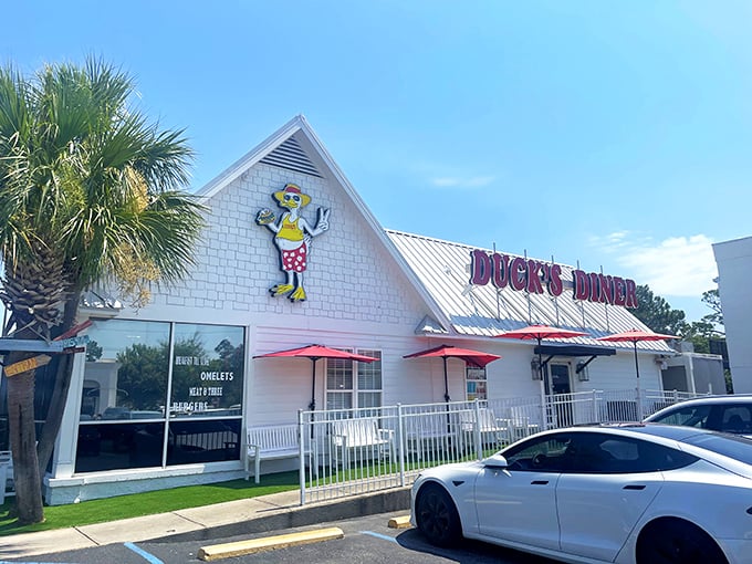 A quack-tastic welcome! Duck's Diner's cheerful exterior promises a feast that'll ruffle your feathers in the best way possible.