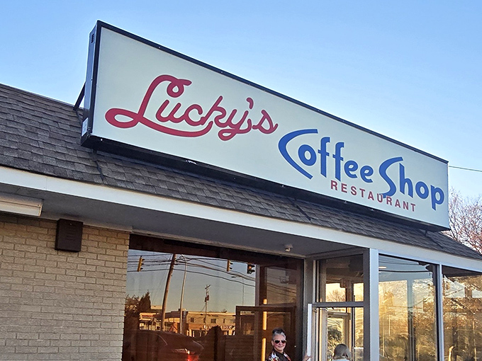 Welcome to Lucky's, where neon dreams and diner schemes collide! This retro sign promises a journey back in time, with a side of modern-day deliciousness.