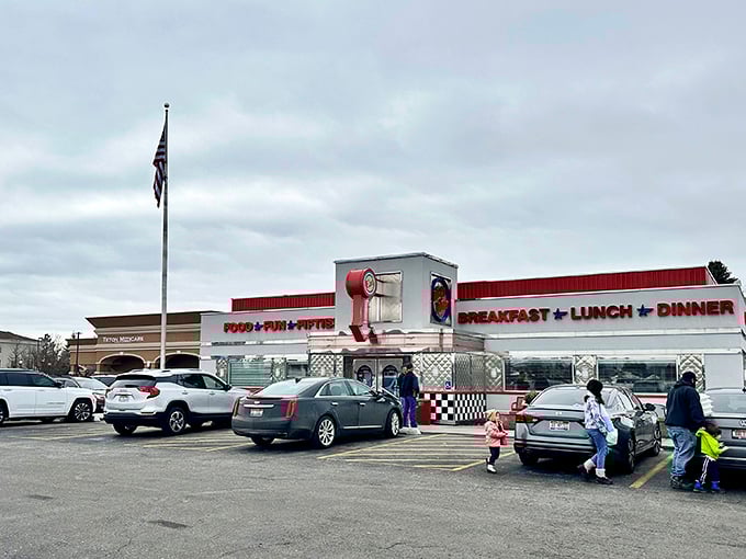 Step into a time machine disguised as a diner! Dixie's chrome exterior and neon sign promise a journey back to the fabulous fifties.
