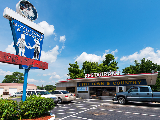 The classic roadside silhouette of Little Town & Country Restaurant stands as a beacon of hope for hungry travelers and breakfast enthusiasts alike.