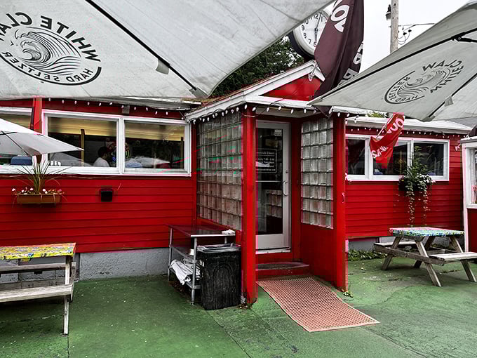 The fire-engine red exterior of Brunswick Diner stands like a beacon of breakfast hope, promising comfort food salvation to hungry travelers.