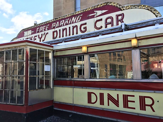 All aboard the flavor express! Mickey's Dining Car stands proud, a gleaming beacon of comfort food and nostalgia in the heart of St. Paul.
