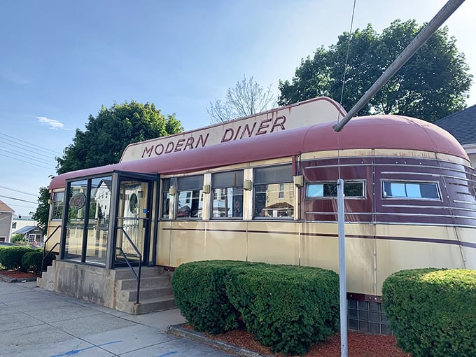 The iconic Sterling Streamliner exterior of Modern Diner stands proudly in Pawtucket, a time capsule of Americana that happens to serve incredible breakfasts.