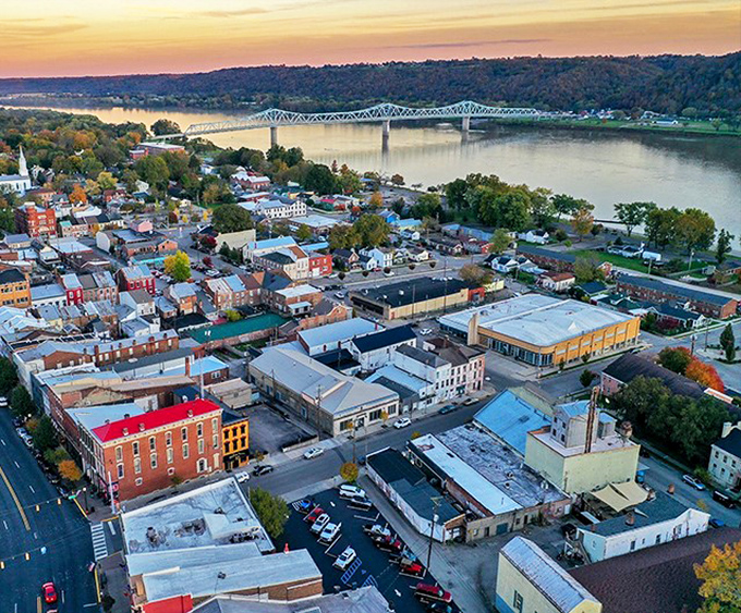 Madison's golden-hour glow transforms the Ohio River into a ribbon of light, while the historic downtown waits patiently below like a living museum.
