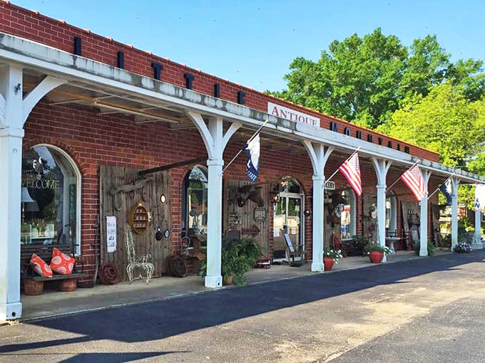 Step into a time machine disguised as a brick building! This antique mall's facade promises adventures in nostalgia and unexpected treasures.