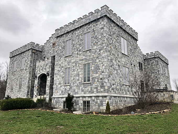 A castle in Indiana? You're not in Kansas anymore, Dorothy! This stone fortress looks ready to withstand sieges or, more likely, eager tourists armed with selfie sticks.
