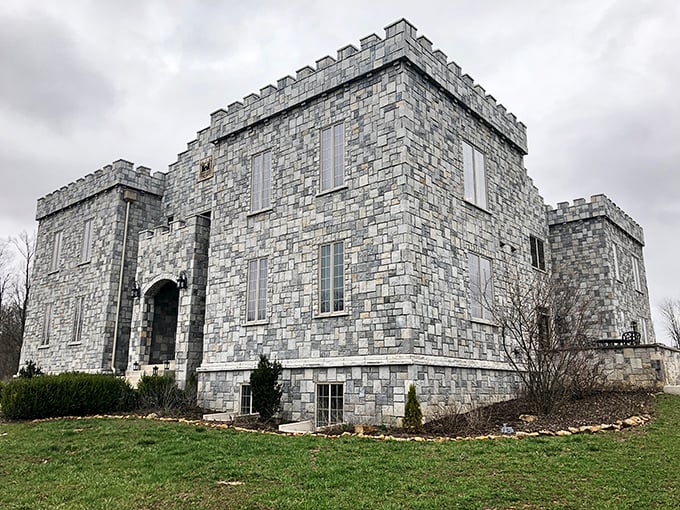A castle in Indiana? You're not in Kansas anymore, Dorothy! This stone fortress looks ready to withstand sieges or, more likely, eager tourists armed with selfie sticks.
