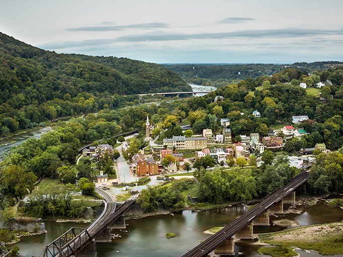 A bird's-eye view that'll make you feel like you've stumbled into a Norman Rockwell painting come to life. Harpers Ferry's charm is undeniable from up here!