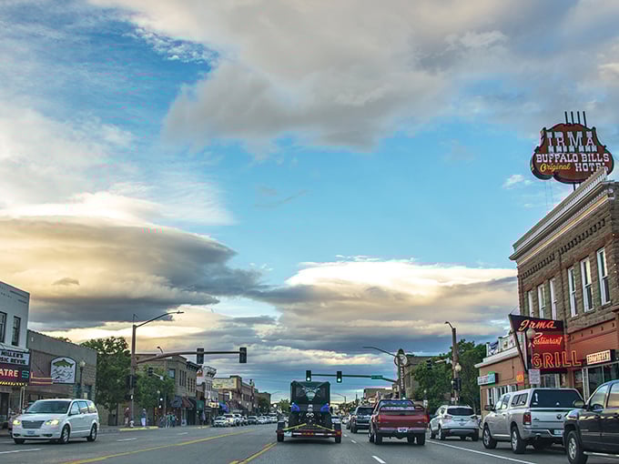 Cody's main drag: Where the Wild West meets modern-day charm. Mountains frame this slice of Americana, inviting you to mosey down memory lane.