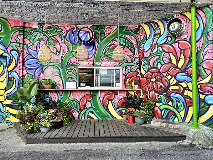 Psychedelic paradise or donut shop? At Beacon Doughnuts, it's a delicious case of "why not both?" This mural could make Willy Wonka jealous.