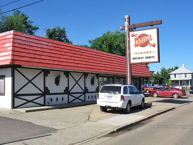 A sign that promises sweet salvation! The Donut Hole's exterior is like a beacon of sugary hope in Dickinson's landscape.