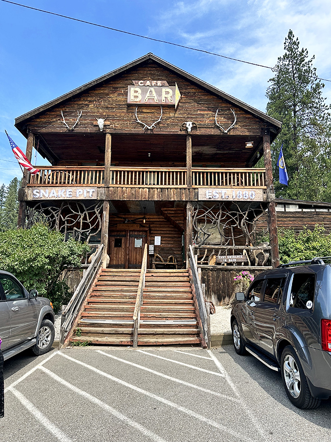 Step into a time machine disguised as a rustic cabin! The Snake Pit's weathered exterior promises Wild West adventures and hearty meals that'll make your inner cowboy yee-haw.