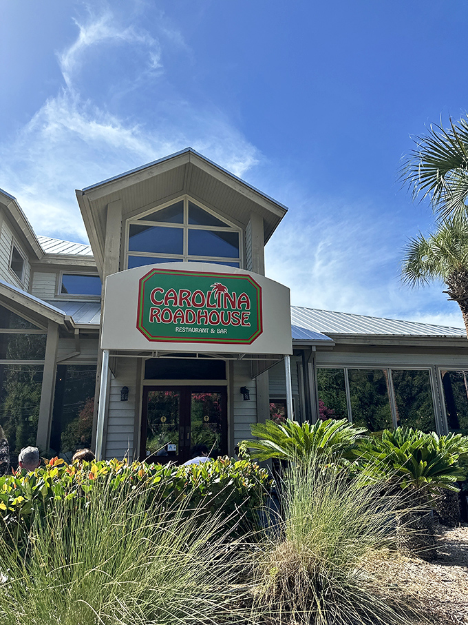 Palm trees stand sentinel alongside the unassuming exterior of Carolina Roadhouse, where culinary treasures await behind that modest "EXIT ONLY" sign. 