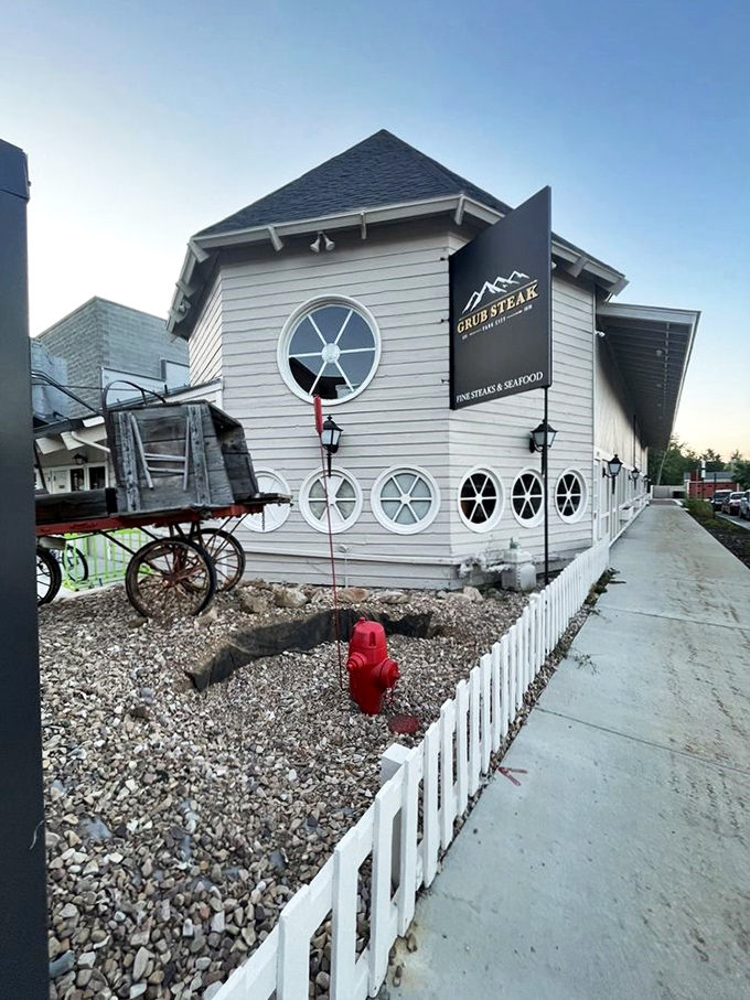 Step into a time machine disguised as a steakhouse! Grub Steak's rustic exterior promises a journey back to the Wild West, with a side of modern culinary magic.