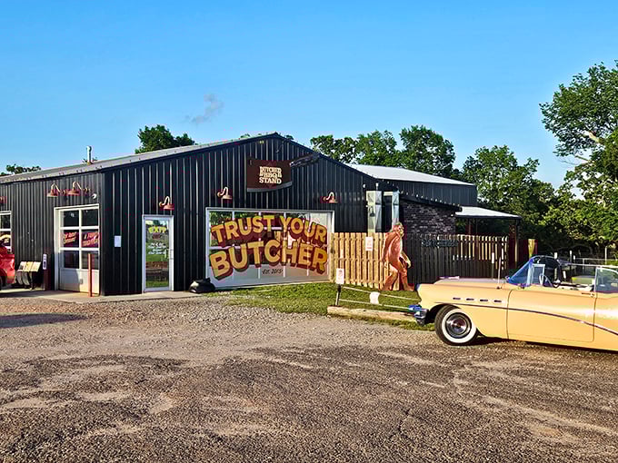 "Trust Your Butcher" isn't just a catchy slogan&mdash;it's a promise of meaty delights. This unassuming black building houses a barbecue paradise that'll make your taste buds do a happy dance.