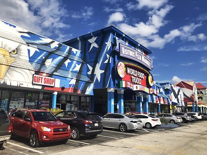 A star-spangled shopping spree awaits! This flea market's facade is more colorful than a bag of Skittles left in the Florida sun.