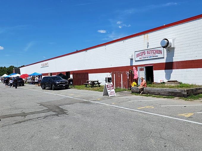 Welcome to bargain hunter's paradise! This sprawling white building with its red trim promises treasures galore, like a real-life Aladdin's cave for the frugal and fabulous.