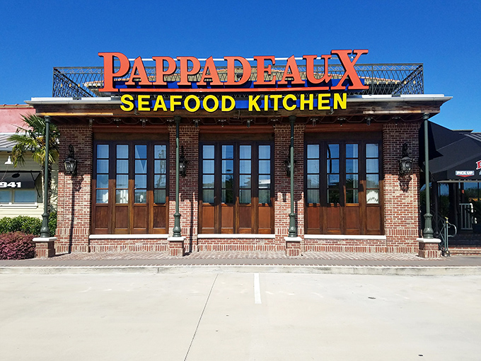 Welcome to seafood paradise! Pappadeaux's exterior promises a feast for the senses, with its bold red lettering and inviting wooden doors beckoning you to dive in.