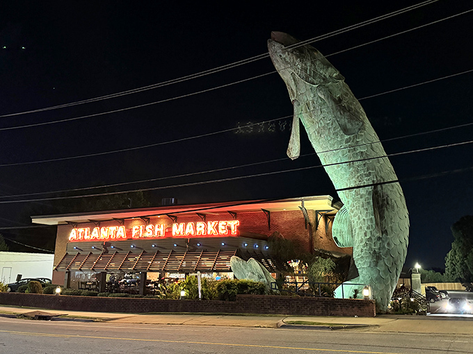 A fish out of water? Not quite! This colossal copper catch is Atlanta Fish Market's show-stopping welcome sign.