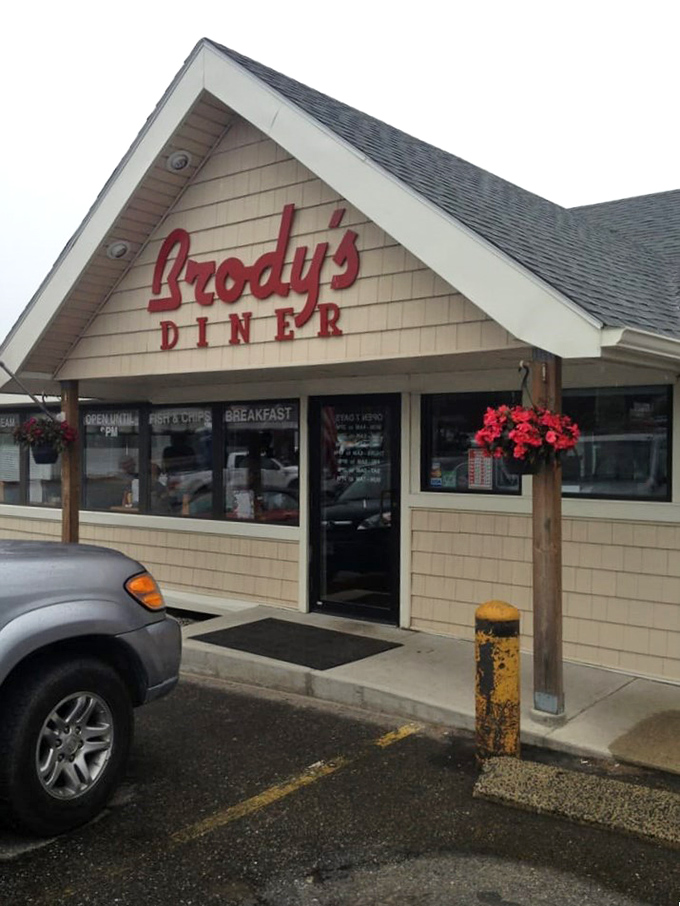 Welcome to comfort food paradise! Brody's Diner stands proud, its red lettering a beacon for hungry souls seeking breakfast bliss.