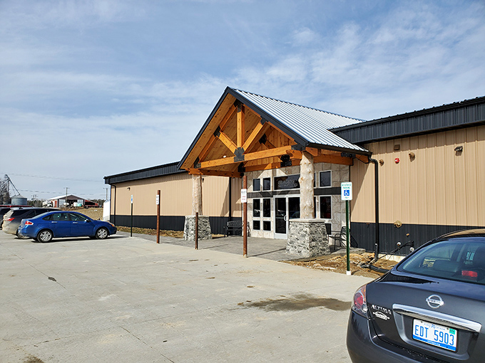 Rustic charm meets pizza paradise! Beagio's exterior beckons with its log cabin-inspired facade, promising a cozy retreat for carb enthusiasts and cheese aficionados alike.