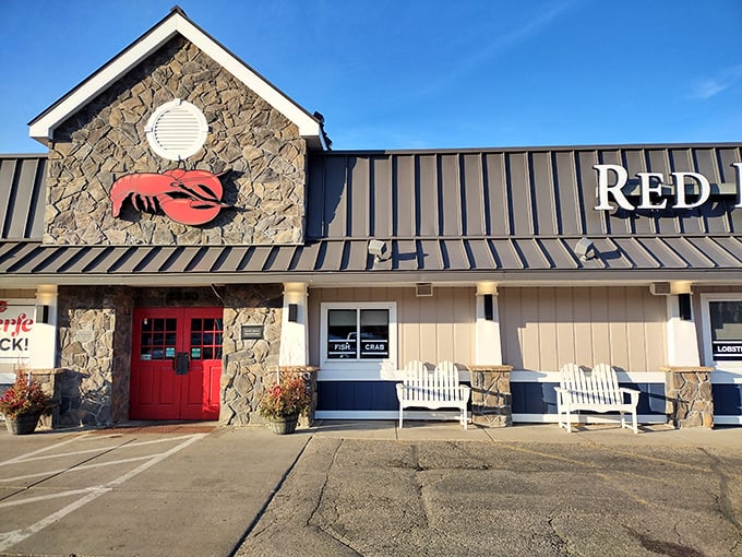 A stone-faced welcome: Red Lobster's exterior promises a seafood adventure in the heart of landlocked Minnesota. Who knew you could find Poseidon's playground in the North Star State?