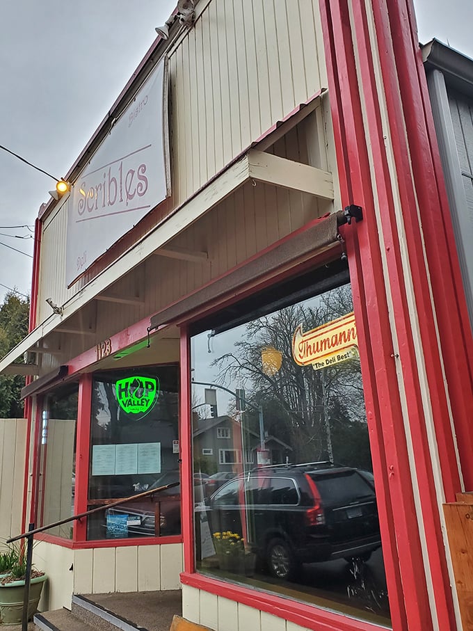 Welcome to sandwich paradise! Scribles Bistro & Deli's charming exterior promises a feast for the senses, with its inviting red trim and vintage-style sign.